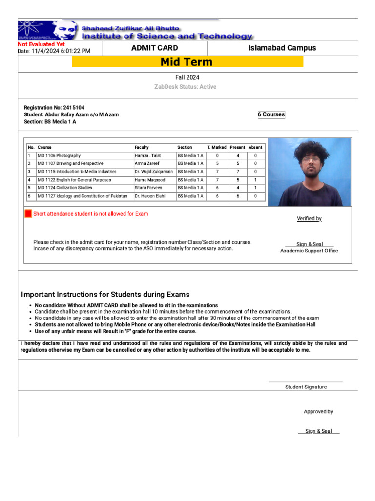 Fall 2024 Admit Card Instructions | PDF