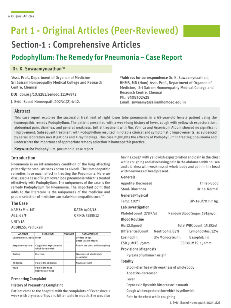 Podophyllum The Remedy For Pneumonia - Case Report | PDF | Pneumonia ...