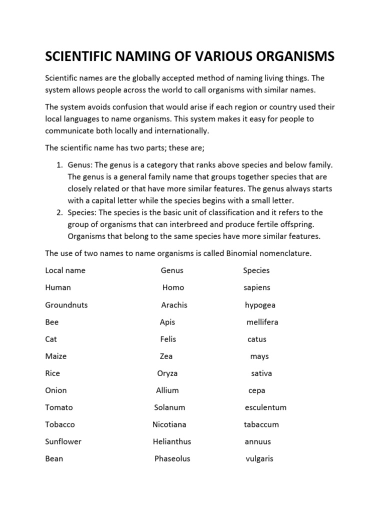 Scientific Naming of Various Organisms - 055406 | PDF