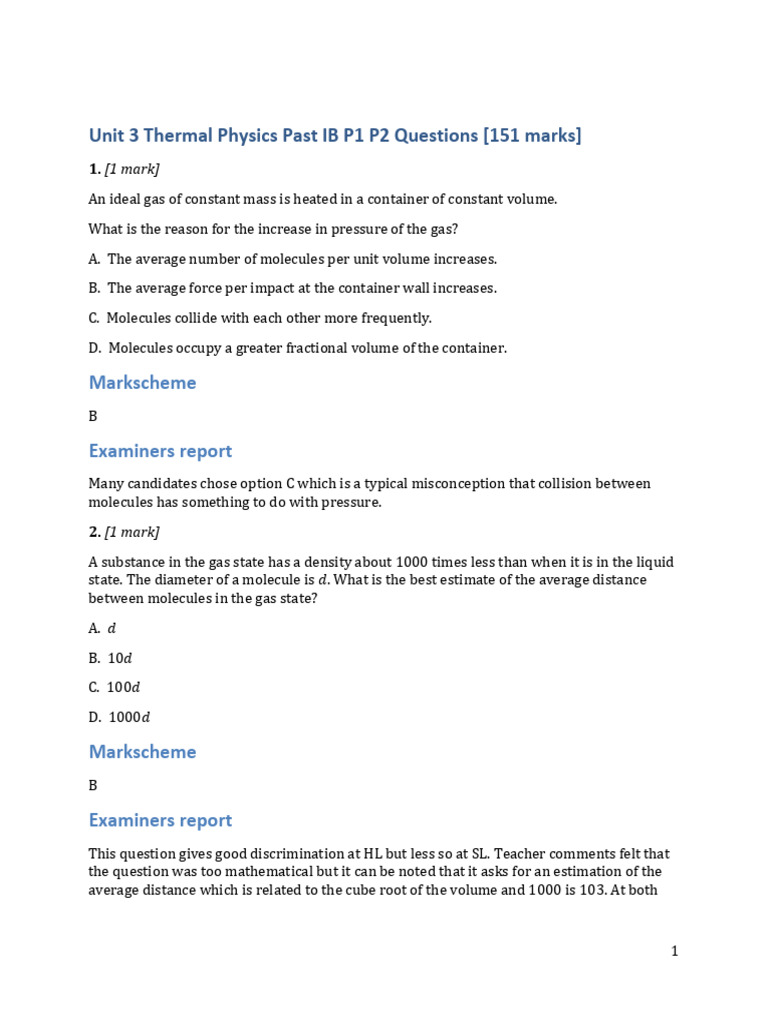 Topic 3 Thermal Physics Past IB P1 P2 Questions | PDF | Gases | Temperature