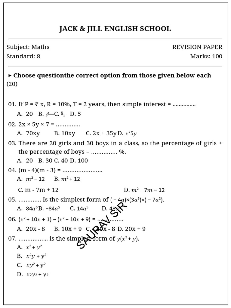 Maths Revision Paper for Standard 8 | PDF | Length