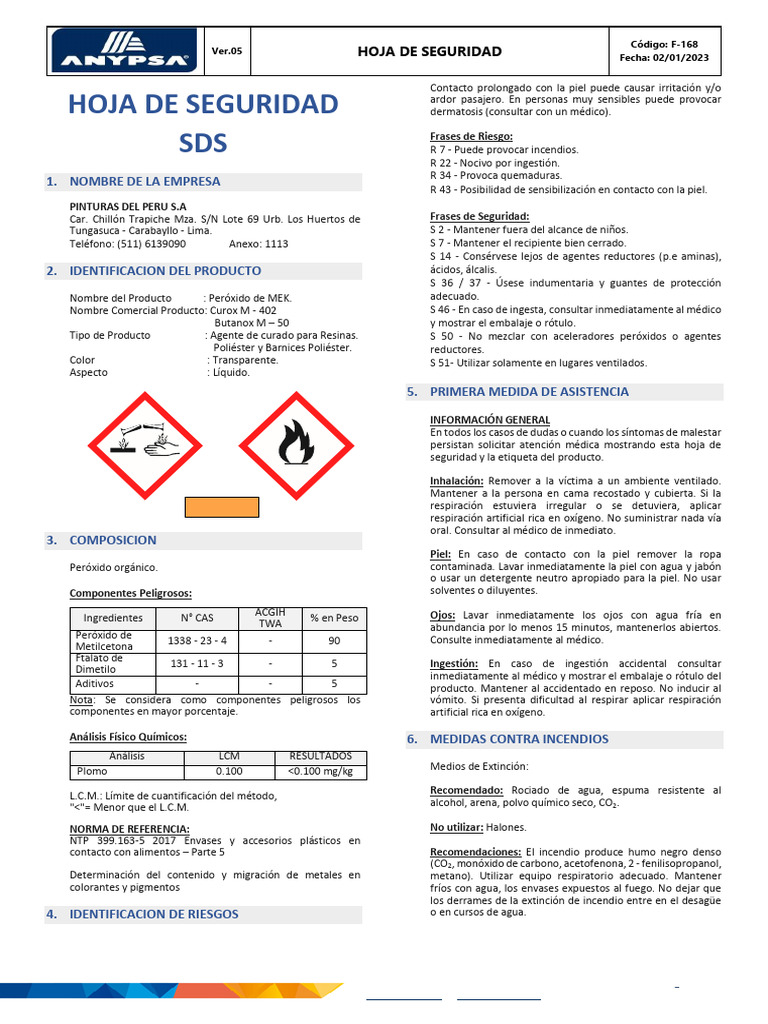 Peroxido de Mek - Curox M402 - Butanox M50 | PDF | Sustancias químicas