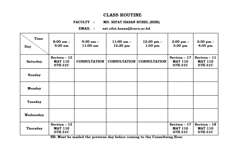 Class Routine - RHR | PDF