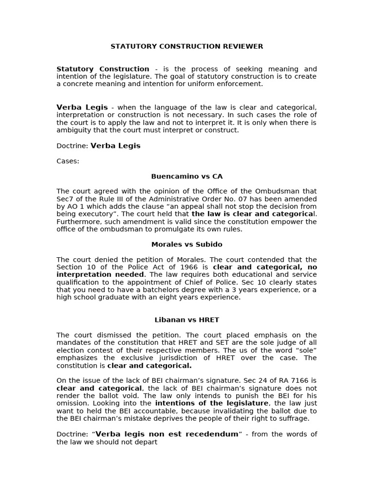 Statutory Construction Reviewer - 1 | PDF | Statutory Interpretation | Bill (Law)