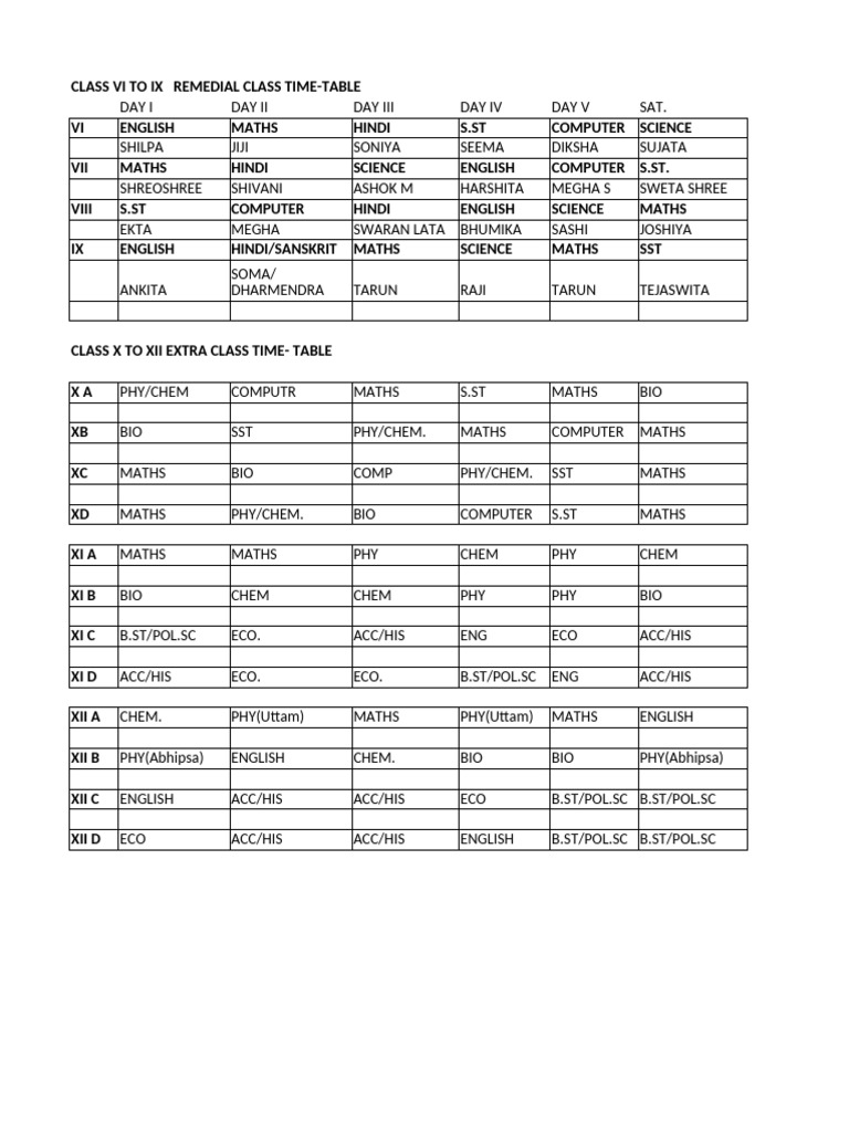 EXTRA CLASS TIME TABLE-2 | PDF