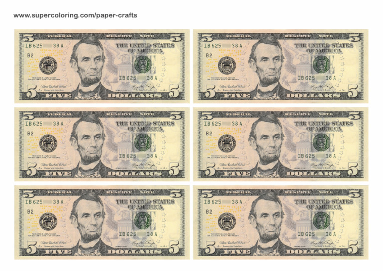 5 American Dollars Banknote Template Paper Craft | PDF