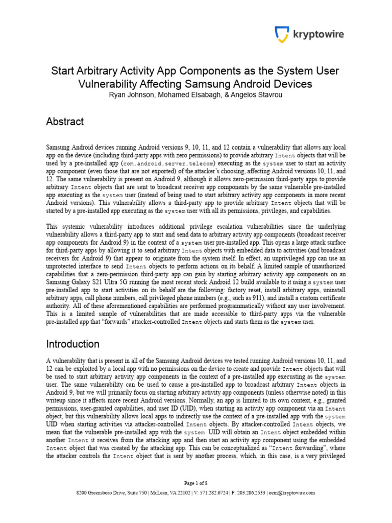 AS 22 Johnson Start Arbitrary Activity App Components As The System ...