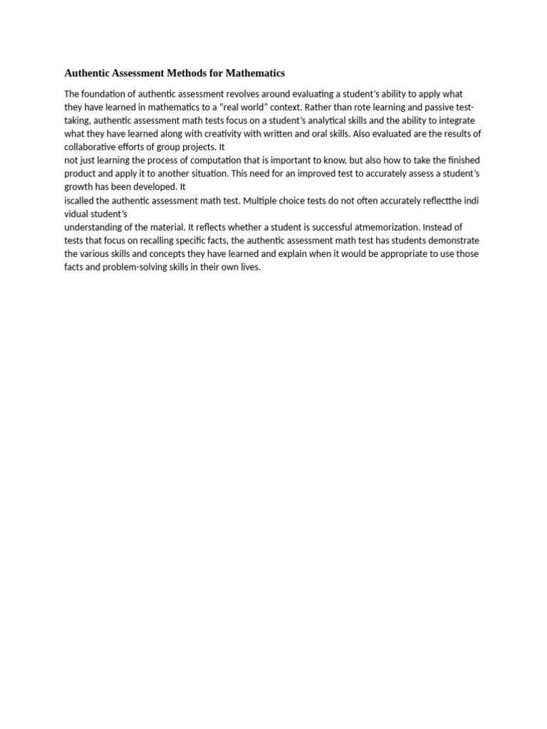 Authentic Assessment in Mathematics | PDF