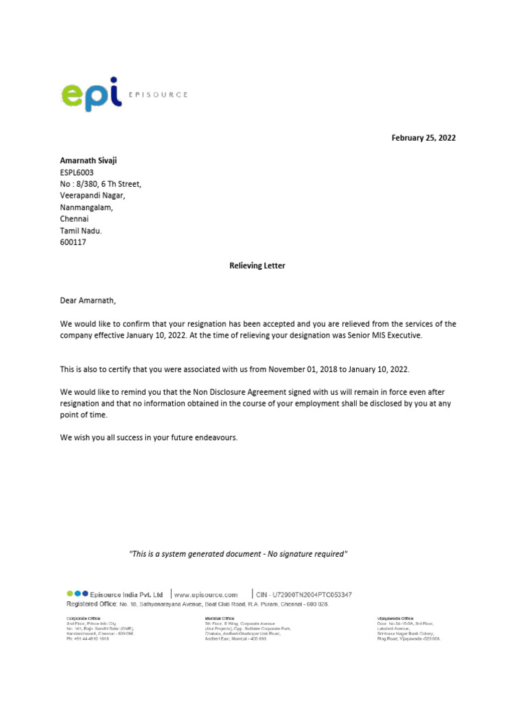 Episource Relieving Letter ESPL6003 | PDF