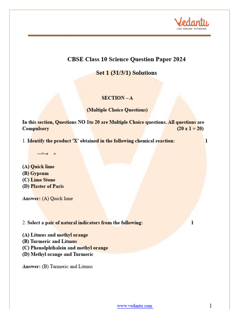 Cbse Class 10 Science Question Paper Set 1 31 3-1-2024 | PDF | Oxide | Ph