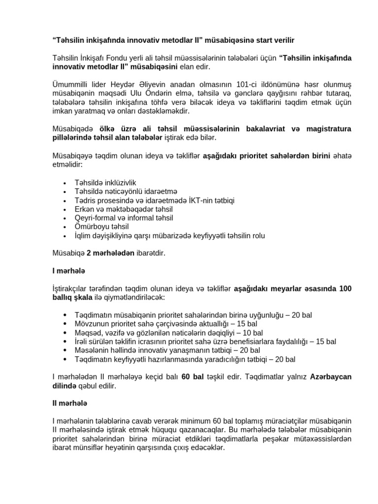 Təhsilin Inkişafında Innovativ Metodlar II Müsabiqəsi - Elan | PDF