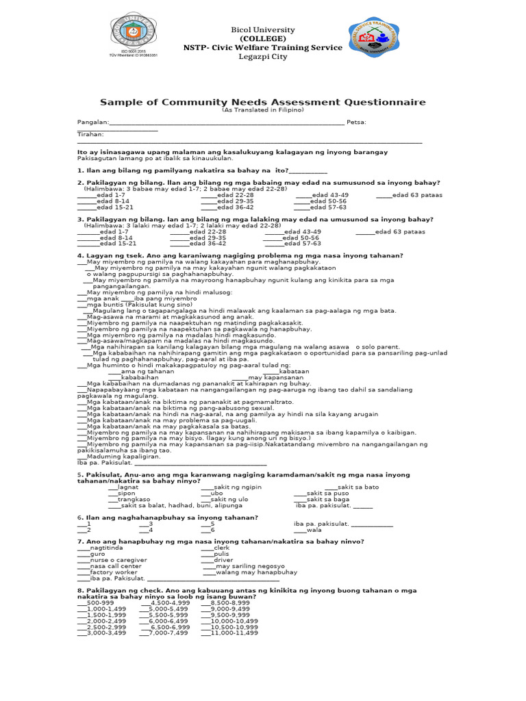 Sample of Community Needs Assessment Questionnaire | PDF