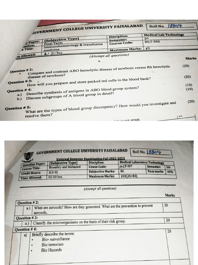 MLT-5 Past Papers (2022-23) | PDF