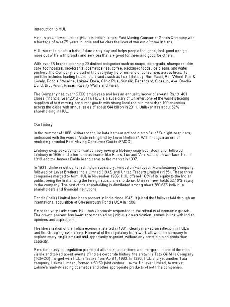 Hindustan Unilever Limited (HUL) Introduction | PDF | Unilever ...