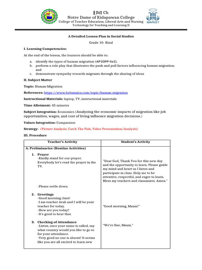 Grade 10 Lesson Plan: Human Migration | PDF | Human Migration | Cost Of ...