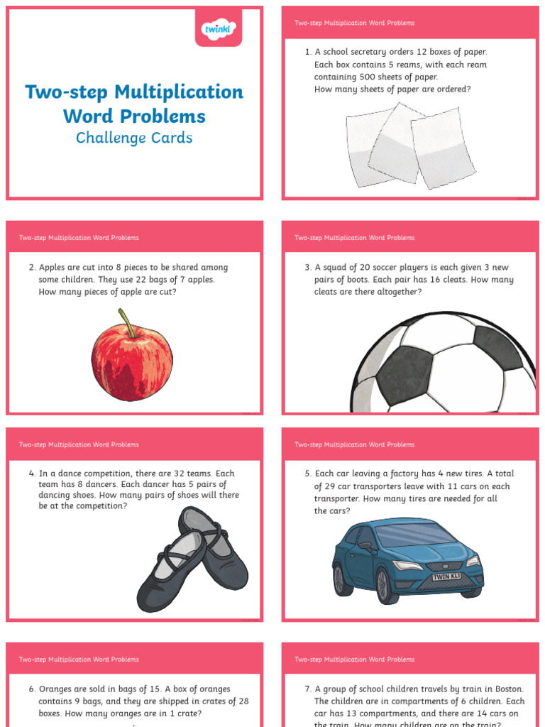 Two Step Word Problem Multiplication Challenge Cards | PDF | Footwear