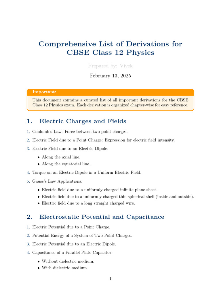 Important Derivations | PDF | Optics | Inductance