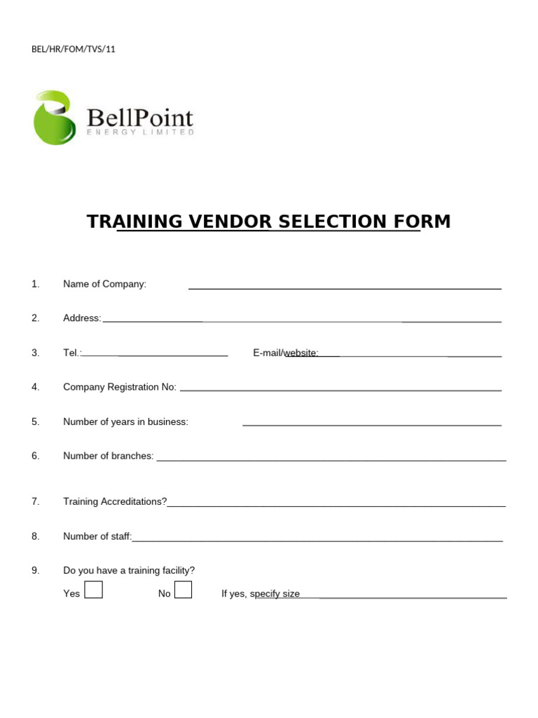 Training Vendor Selection Form | PDF