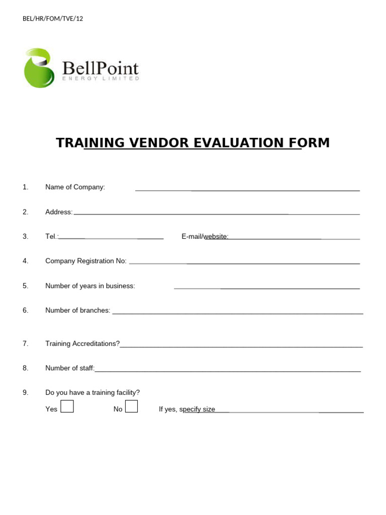 Training Vendor Evaluation Form | PDF