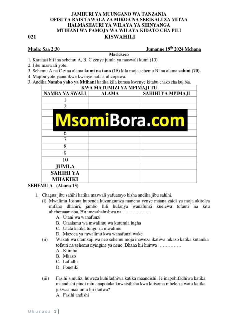 Kiswahili - Exam N Answers | PDF