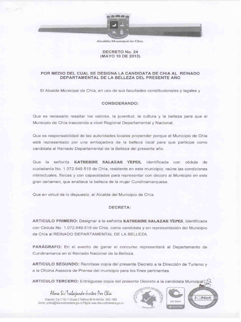 DECRETO24 DE 2013 POR MEDIO DEL CUAL SE DESIGNA LA CANDIDATA DE CH# ...