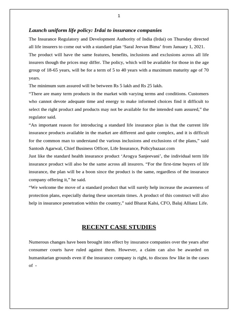 Uniform Life Policy Irdai Regarding Covid Claims984014 1603019205 | PDF ...