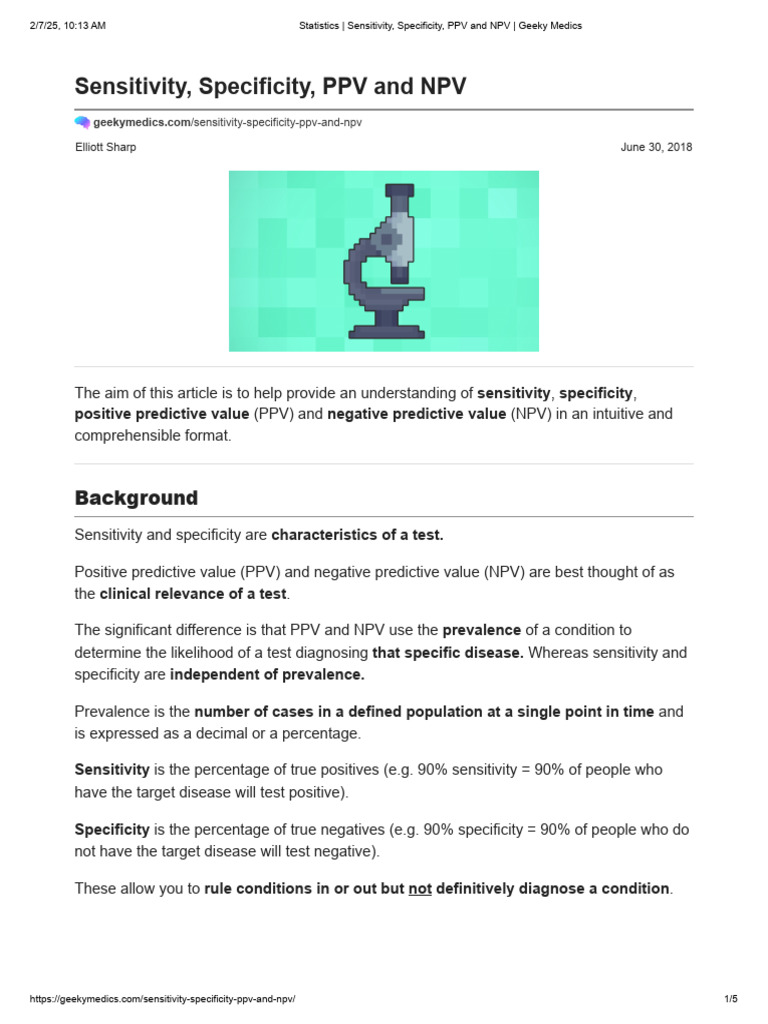 Statistics _ Sensitivity, Specificity, PPV and NPV _ Geeky Medics | PDF | Sensitivity And ...