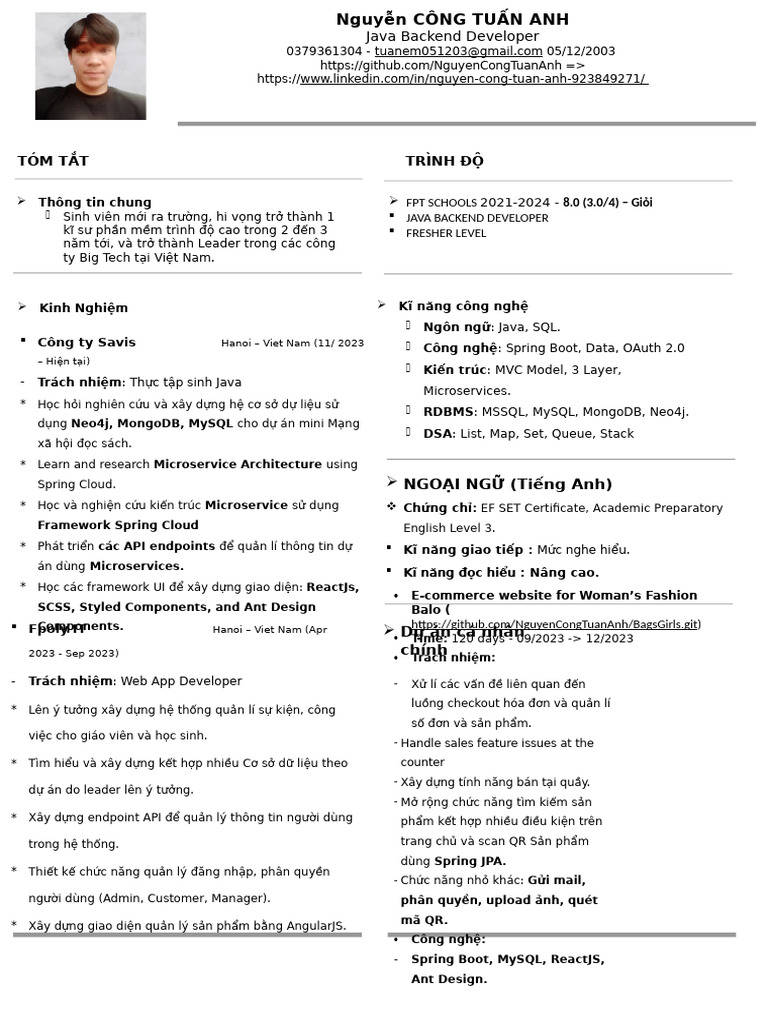 NguyenCongTuanAnhPH19690 CV Vie | PDF