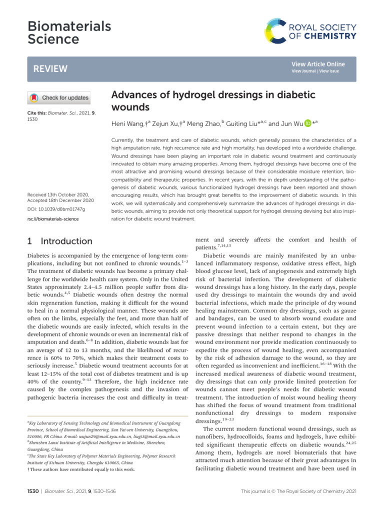 Advances of Hydrogel Dressings in Diabetic | PDF | Wound Healing ...