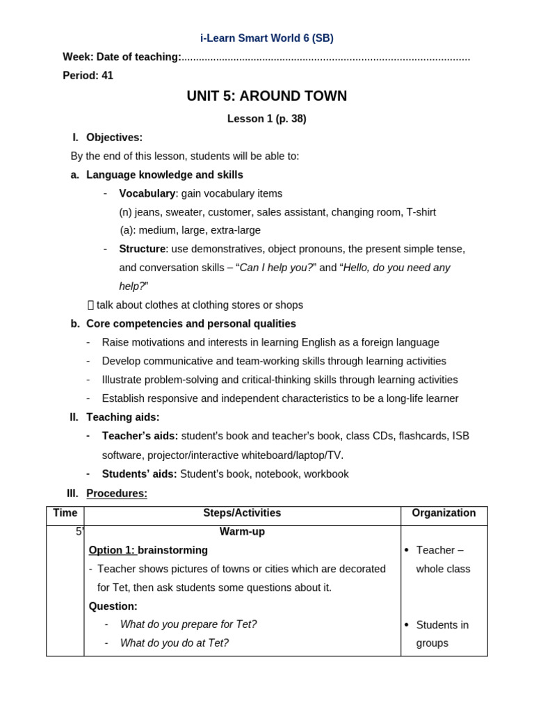Tiếng Anh 6 Smart World - Unit 5 - Around Town - Sb | PDF | Kebab | Plural