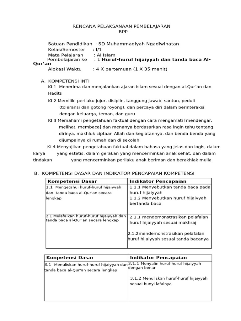 RPP Kelas 1 Sem 1 | PDF