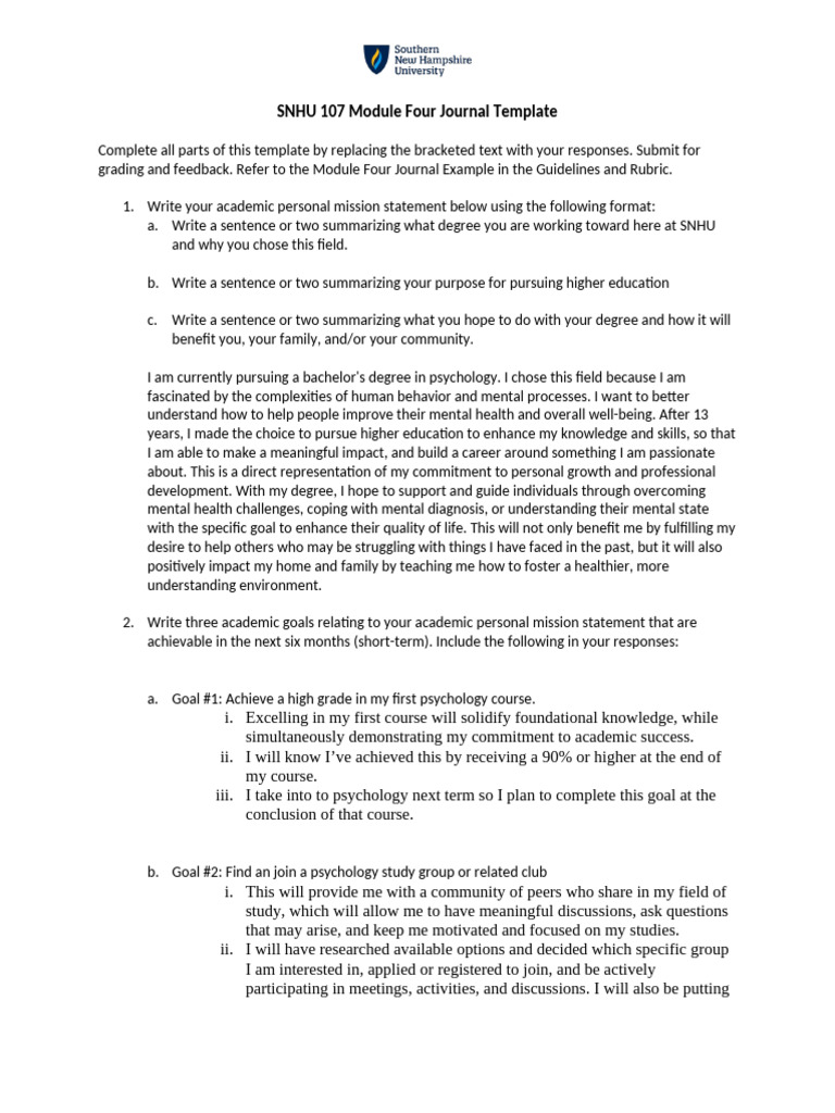 SNHU 107 Module Four Journal Template | PDF | Goal | Mental Health