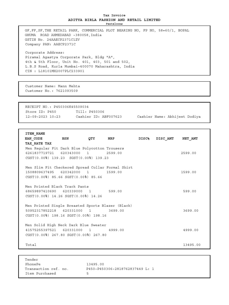 Pantaloon - Bill 2 | PDF
