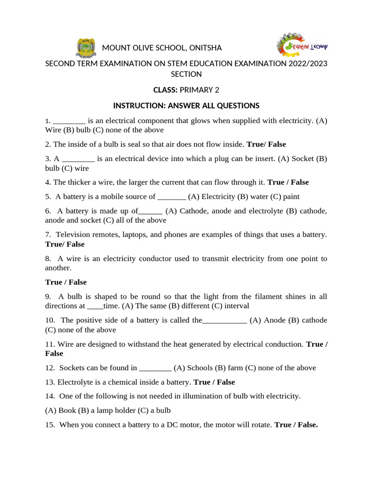 Primary 2 STEM Exam: Electricity Basics | PDF