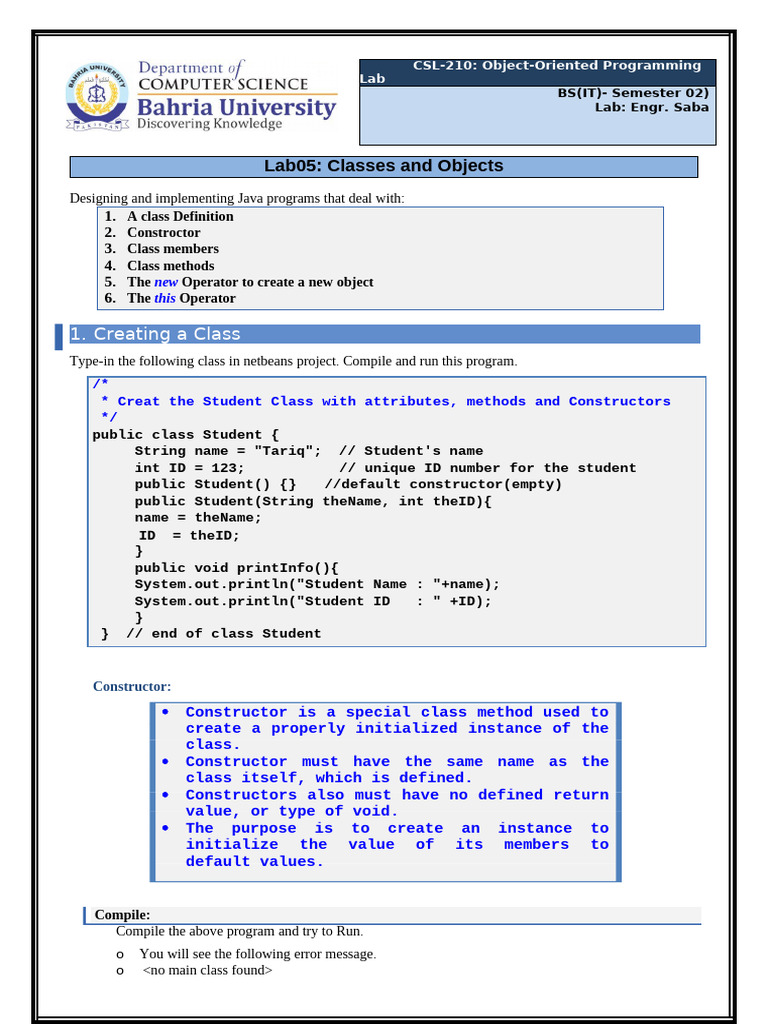 OOP Lab 5 08102024 110356am | PDF | Programming | Constructor (Object ...