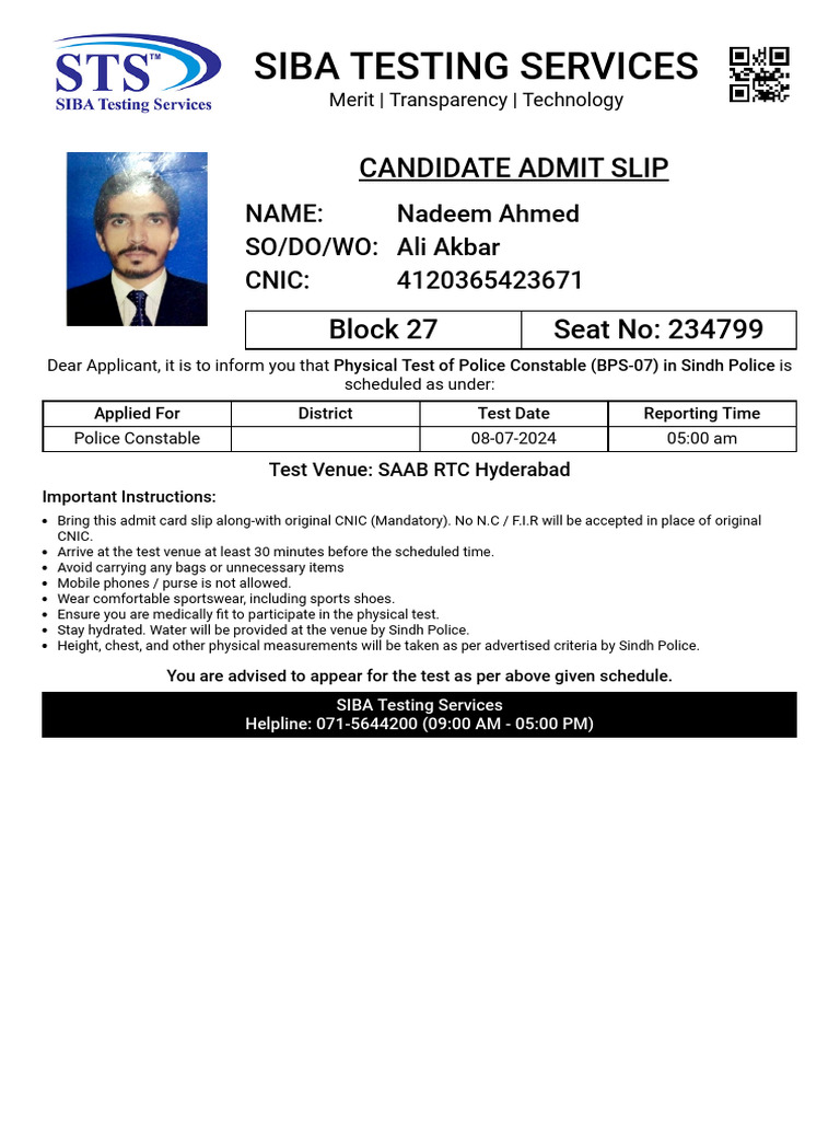 Siba Testing Services: Candidate Admit Slip | PDF