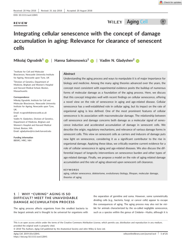 Aging Cell - 2018 - Ogrodnik - Integrating Cellular Senescence With The Concept of Damage ...