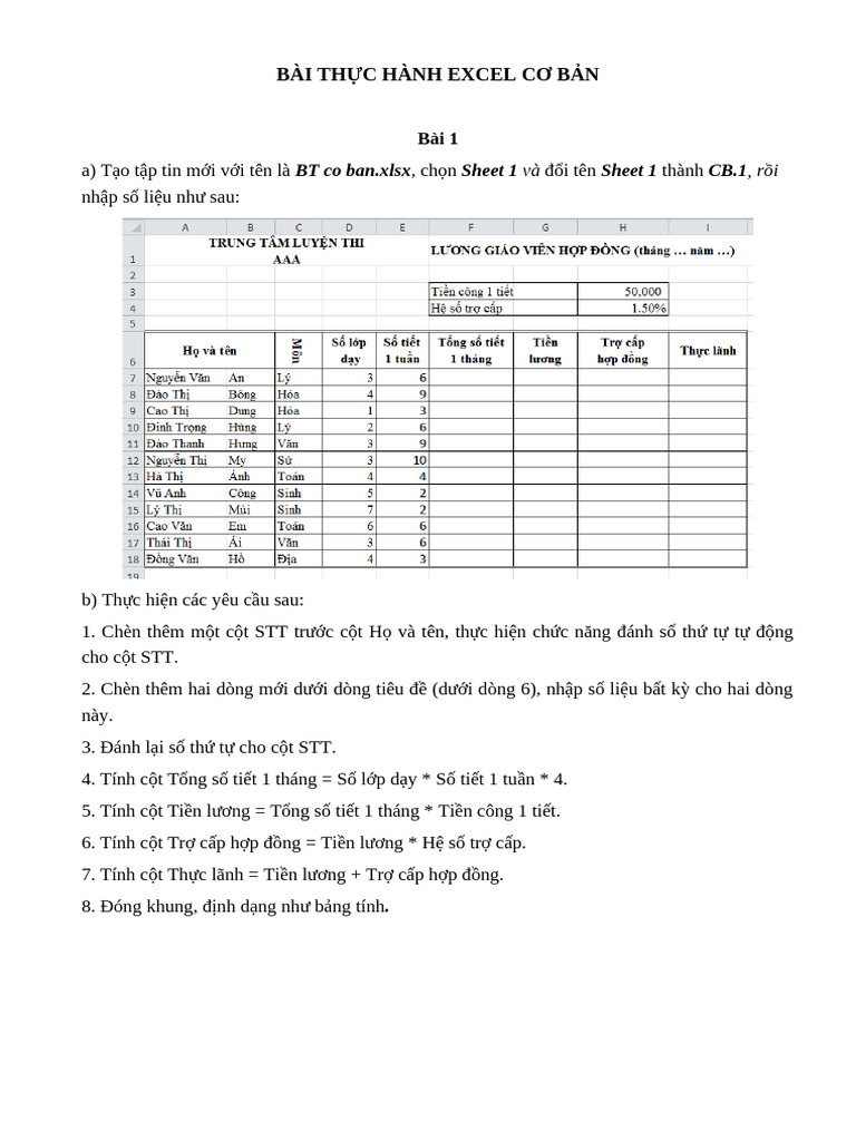 Bai thuc hanh EXCEL co ban | PDF