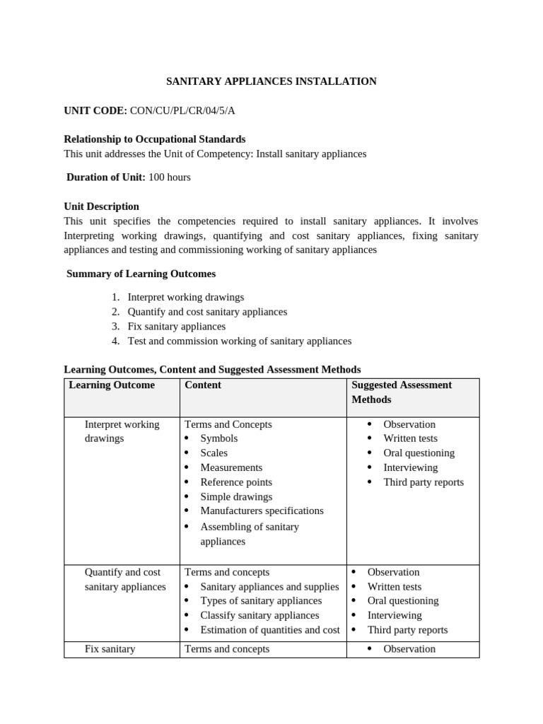 Sanitary Appliances Installation Outline | PDF