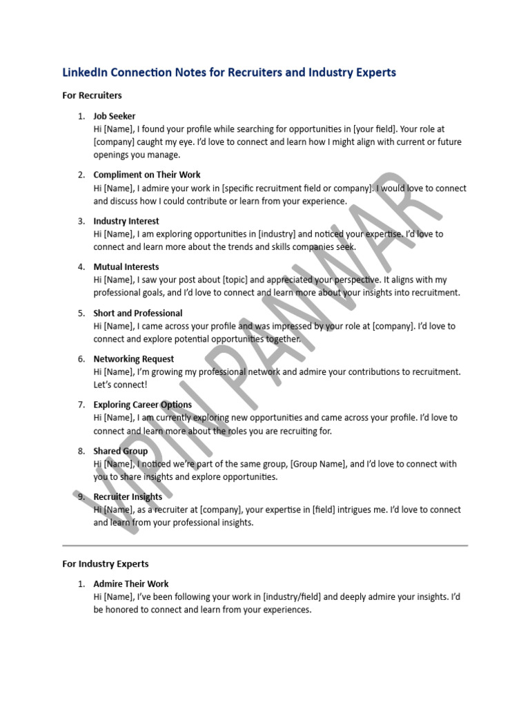 LinkedIn Connection Notes For Recruiters and Industry Experts | PDF ...