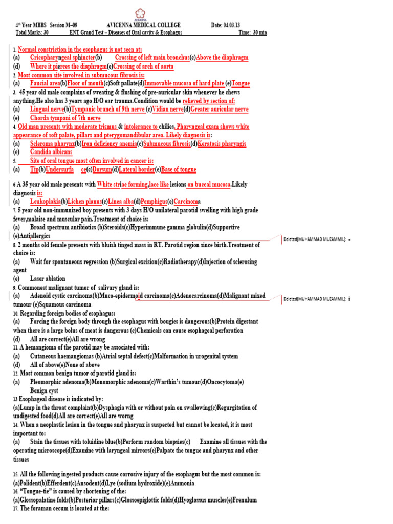 ENT TEST Oral Cavity, Esophagus | PDF | Esophagus | Tongue