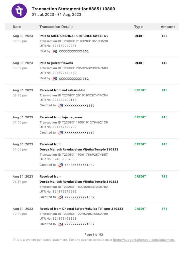 PhonePe Statement Jul2023 Aug2023 | PDF | Debits And Credits | Business Economics