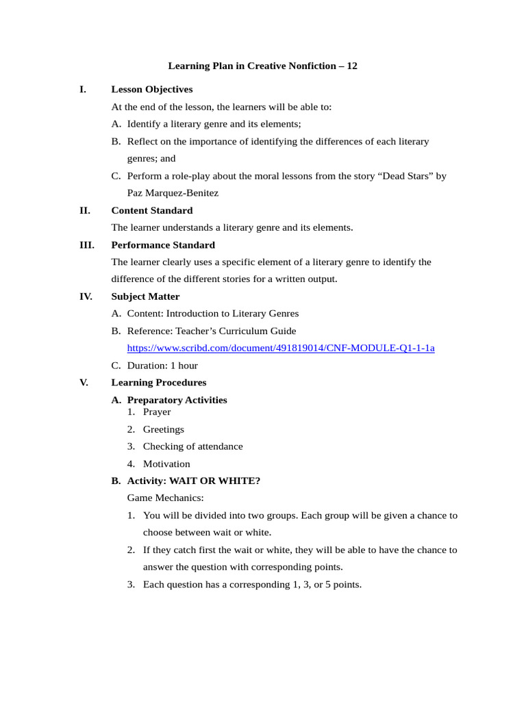 Lesson 1 Learning Plan | PDF