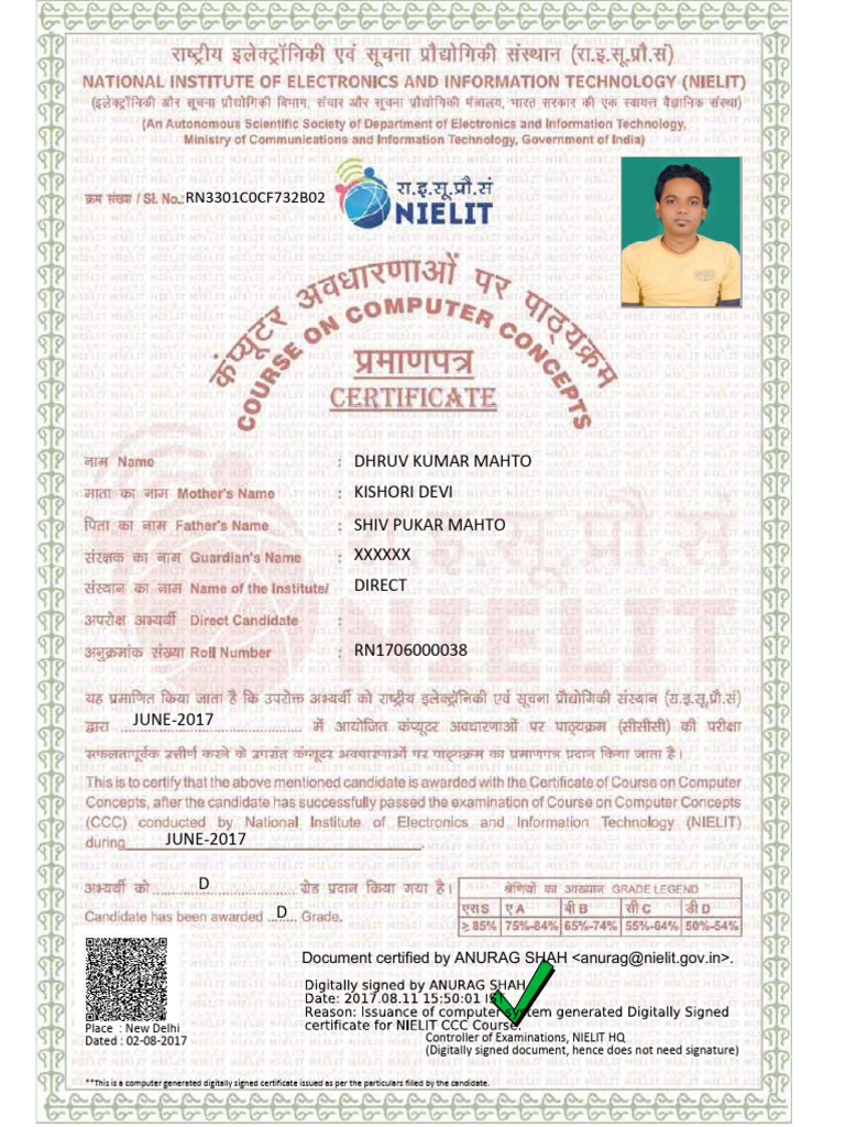 NIELIT Certificate June 2017 Details | PDF