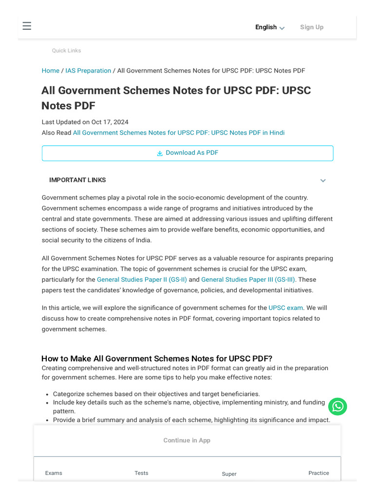 All Government Schemes Notes For UPSC PDF - UPSC Notes PDF | PDF