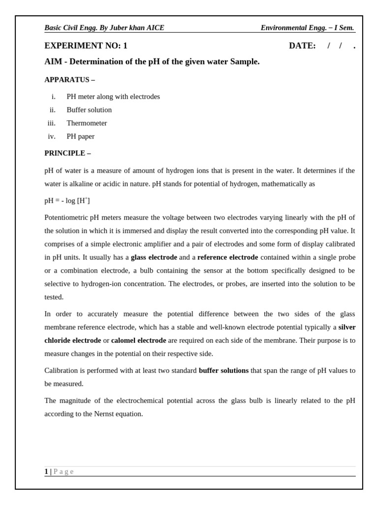 ENV Lab Manual 1st Yr 1st Sem RTU 2024 by Juber Khan AICE | PDF | Ph | Physical Chemistry