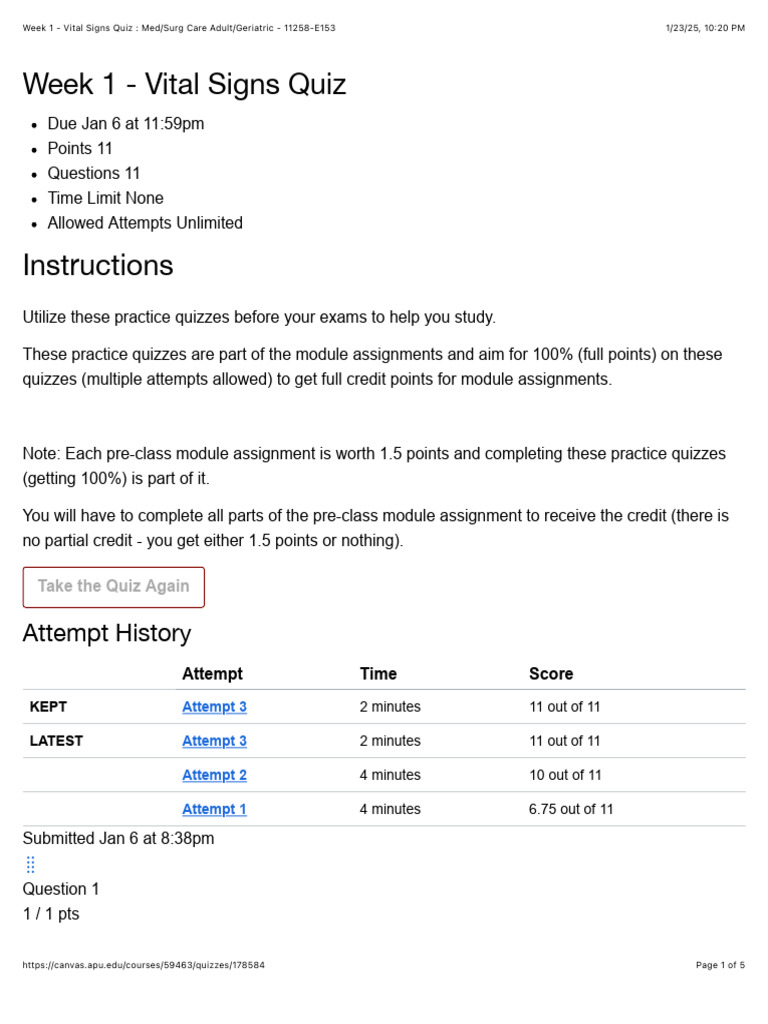 Week 1 - Vital Signs Quiz: Med:Surg Care Adult:Geriatric - 11258-E153 ...