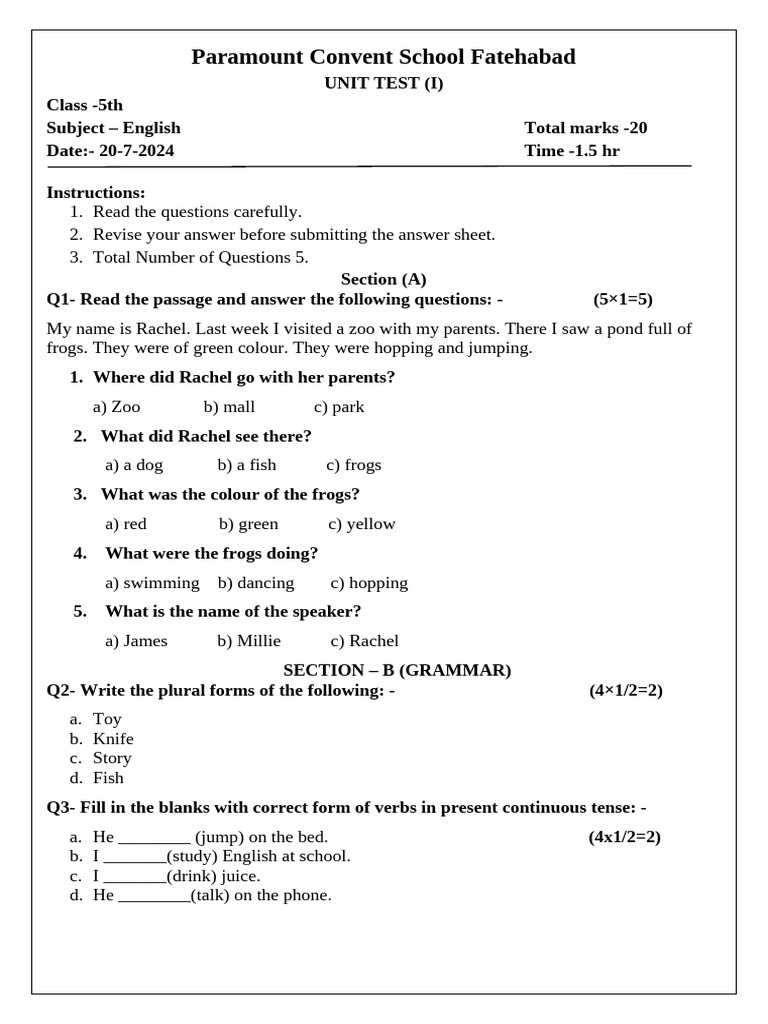 Class 5 English Unit Test 2024 | PDF