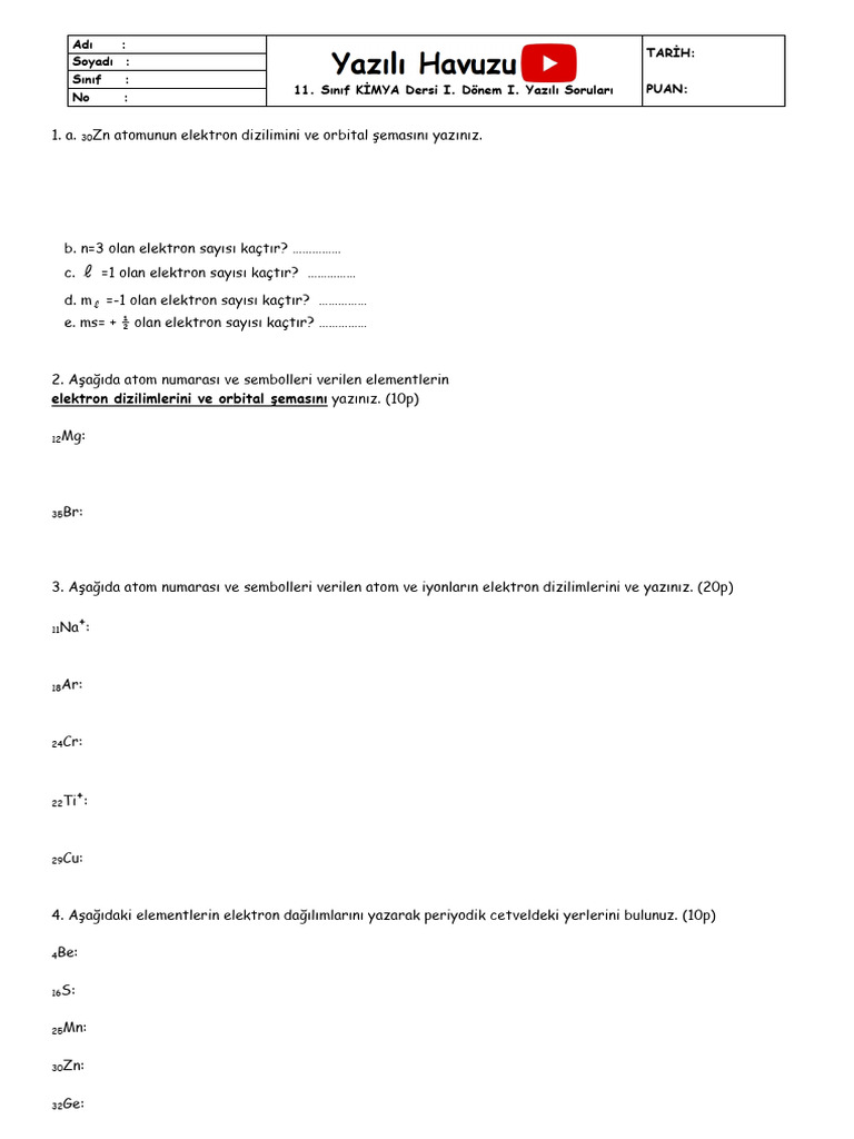 11 Sinif Kimya 1 Donem 1 Yazili Acik Uclu Yazilihavuzu | PDF