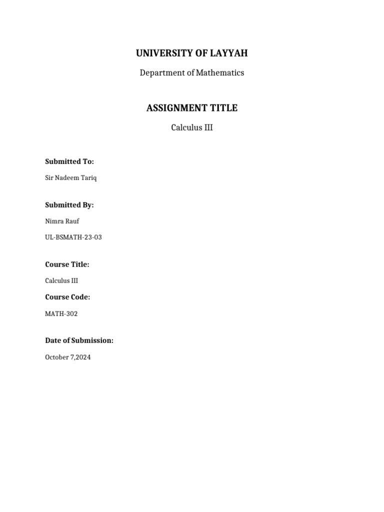 Calculus III Assignment - University of Layyah | PDF